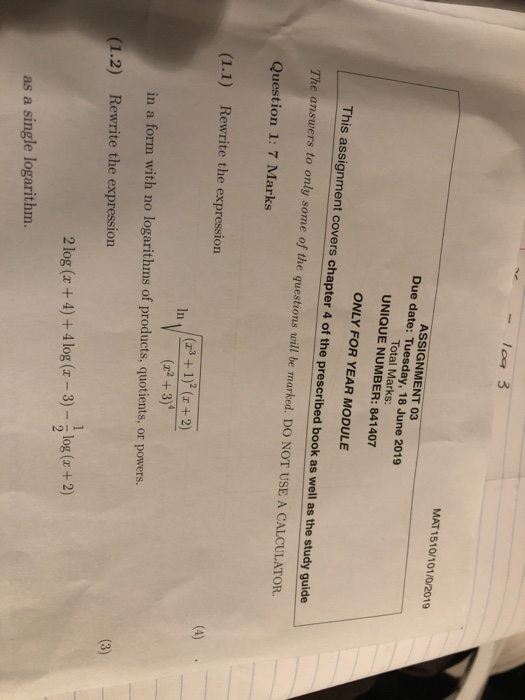 Solved lo9 3 MAT1510/101/0/2019 ASSIGNMENT 03 Due date: | Chegg.com