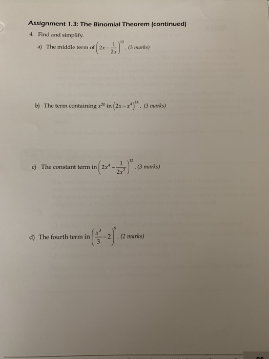 Solved Assignment 1.3 The Binomial Theorem Total: 24 marks | Chegg.com