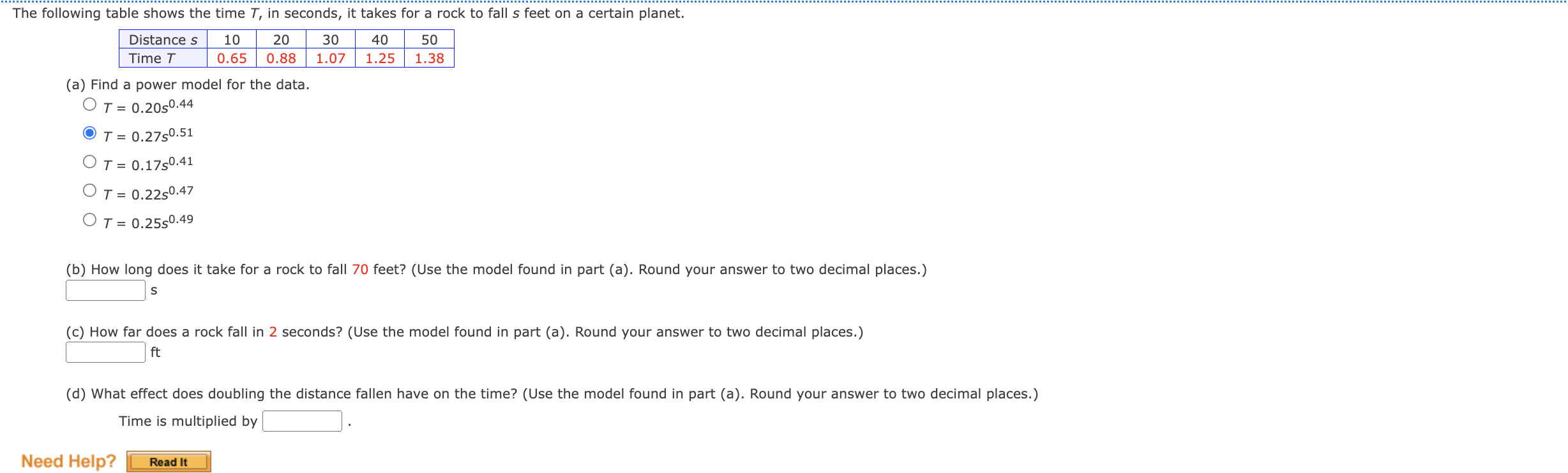 The following table shows the time T, in seconds, it | Chegg.com