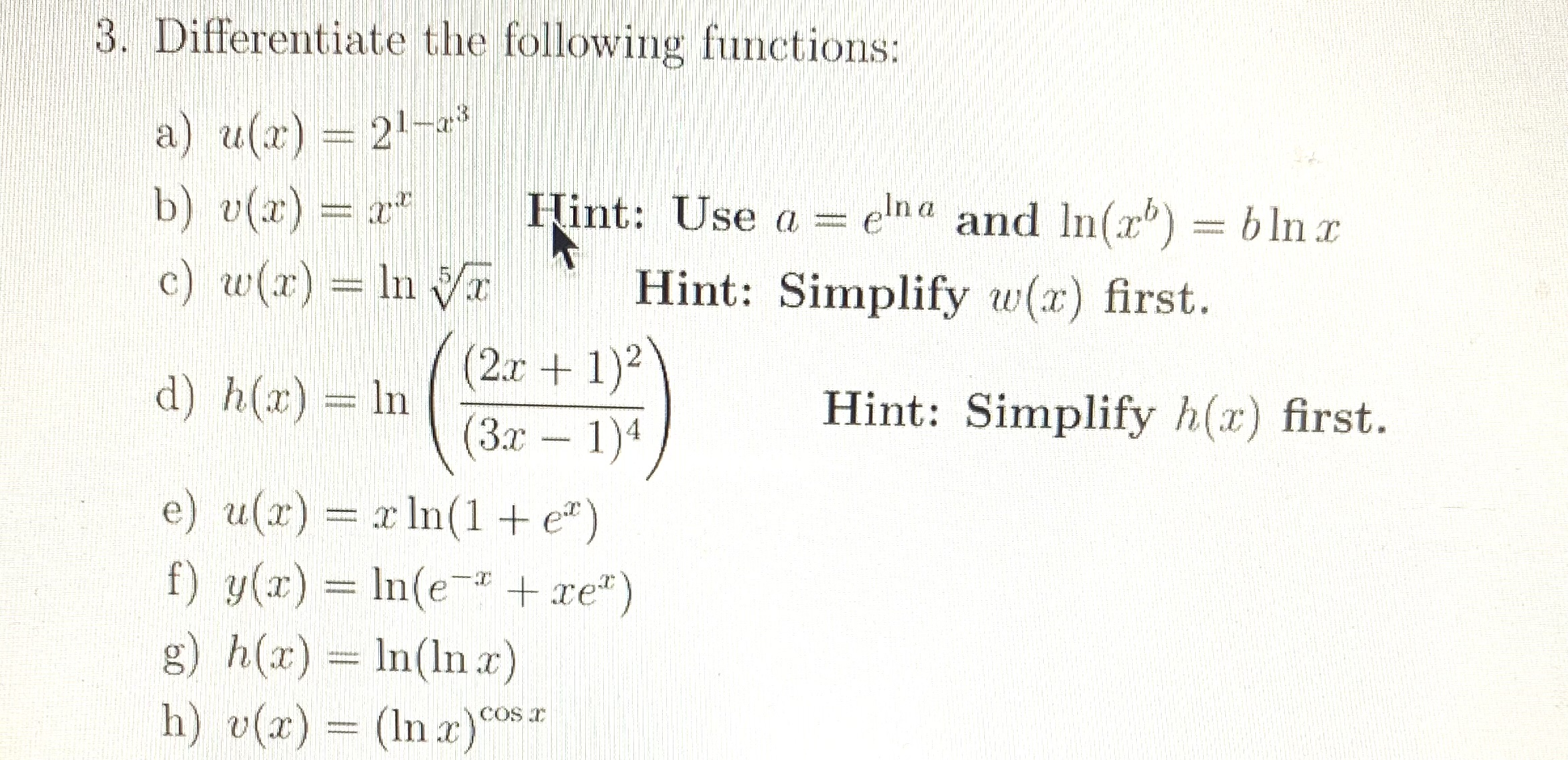 Solved 3. Differentiate the following functions: a) | Chegg.com
