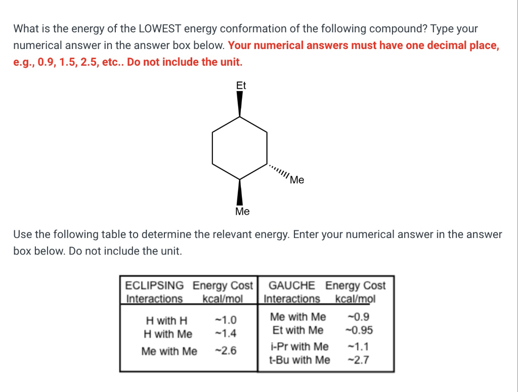 Solved What is the energy of the LOWEST energy conformation | Chegg.com