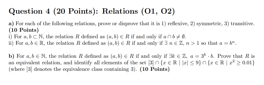 Solved Question 4 (20 Points): Relations (O1, O2) a) For | Chegg.com