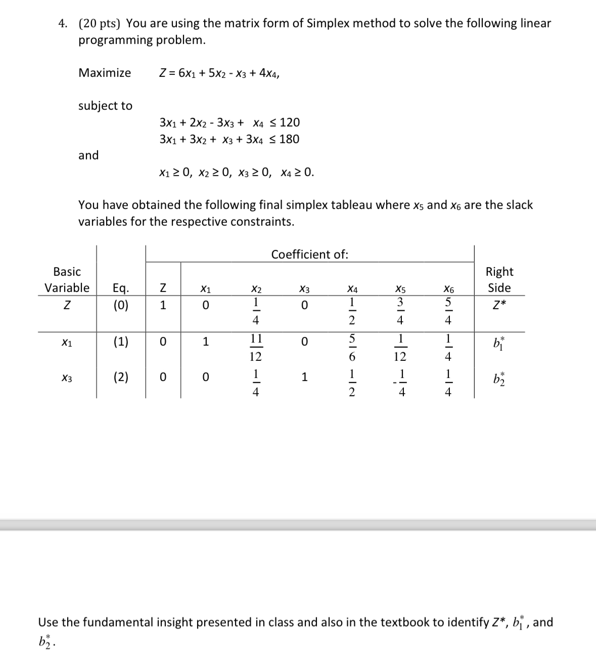 Solved 4. (20 pts) You are using the matrix form of Simplex | Chegg.com