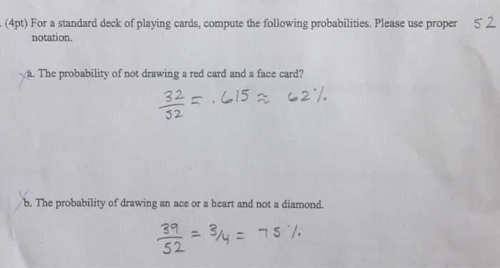 Solved 4pt) For a standard deck of playing cards, compute | Chegg.com