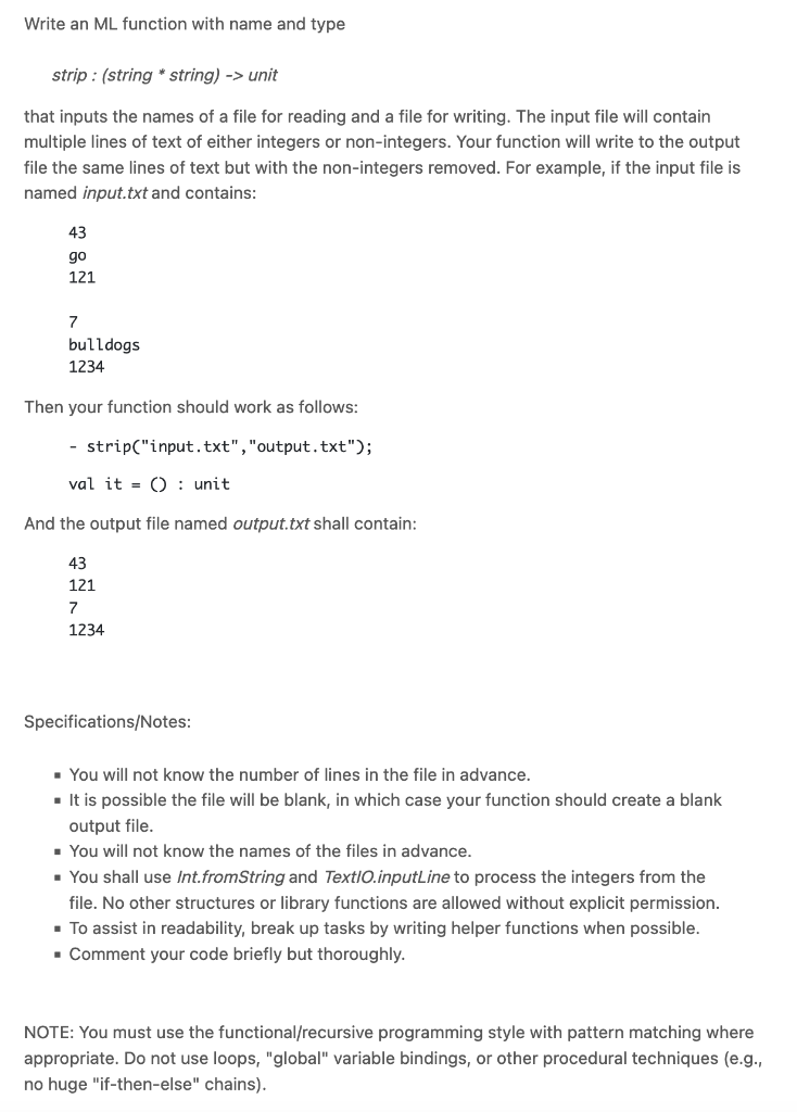 Solved Write an ML function with name and type strip : | Chegg.com