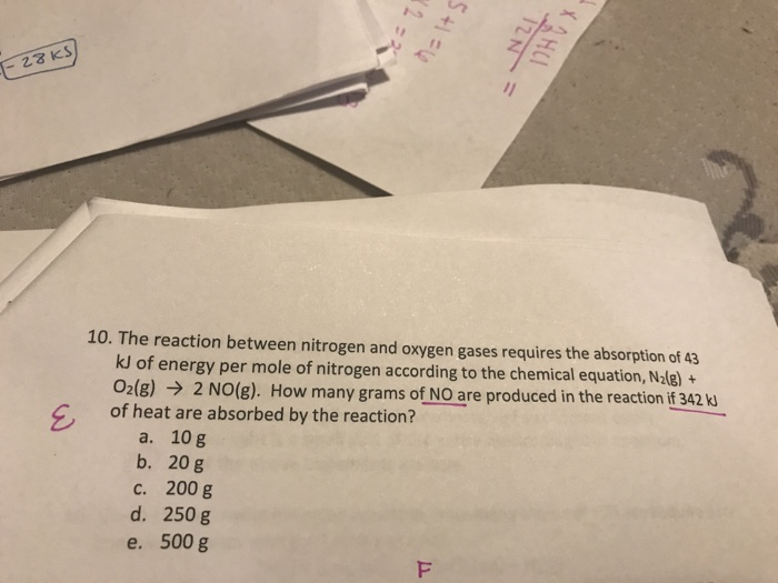 Solved 10. The reaction between nitrogen and oxygen gases | Chegg.com