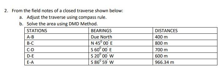 Solved 2. From the field notes of a closed traverse shown | Chegg.com