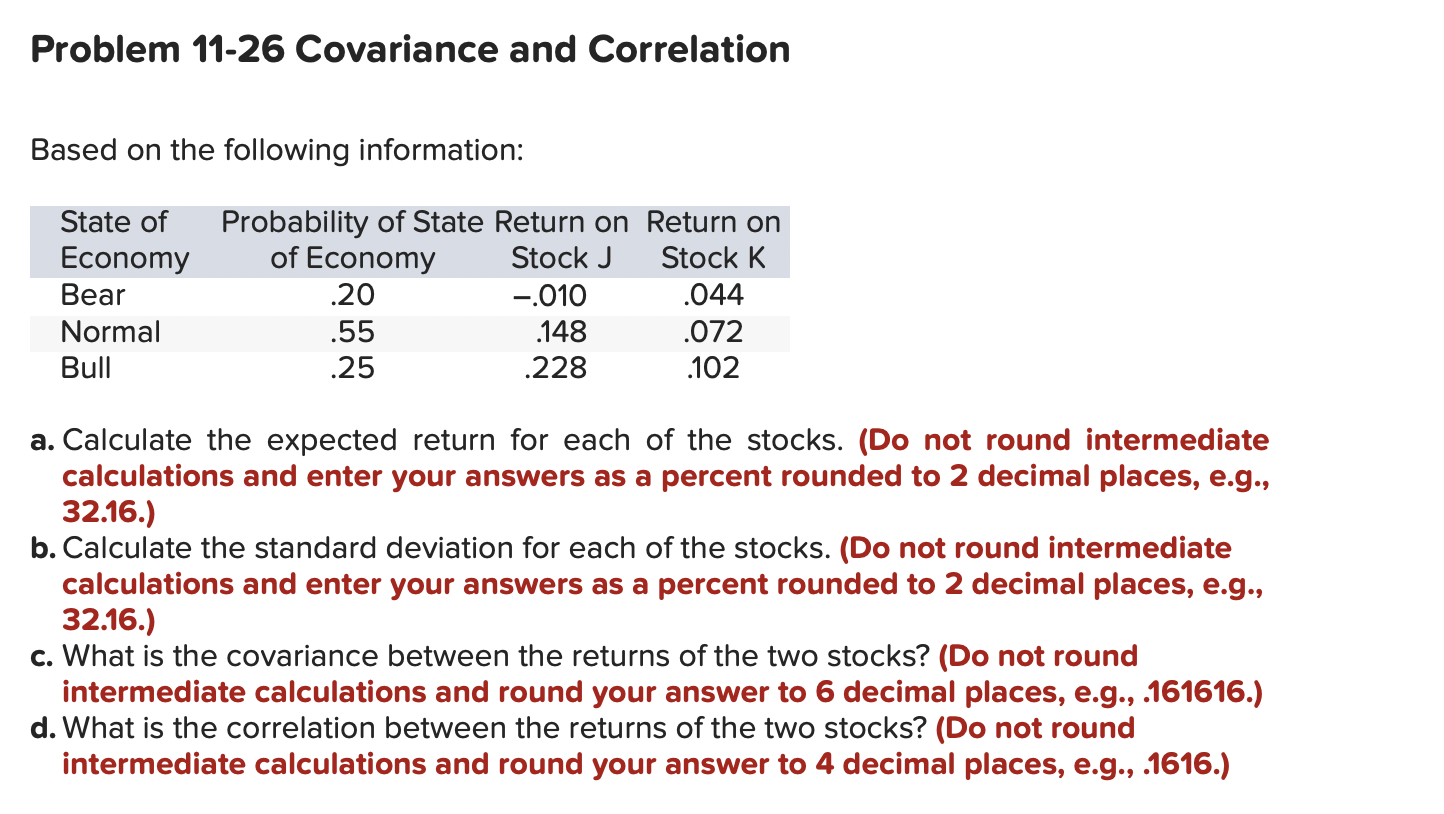 Solved Problem 11-26 Covariance and Correlation Based on the | Chegg.com