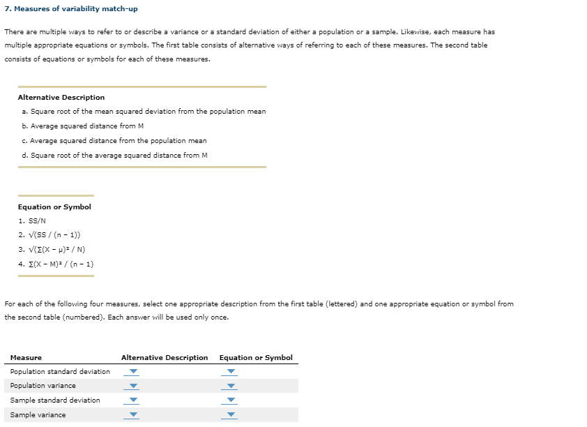 Solved 7. Measures of variability match-up There are | Chegg.com