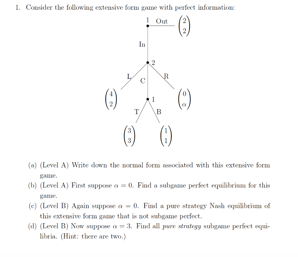 Solved 1. Consider the following extensive form game with | Chegg.com
