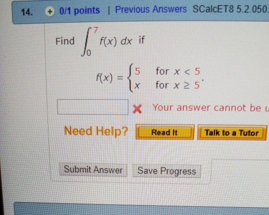 Solved 14. 0/1 points | Previous Answers SCalcET8 5.2.050 7 | Chegg.com