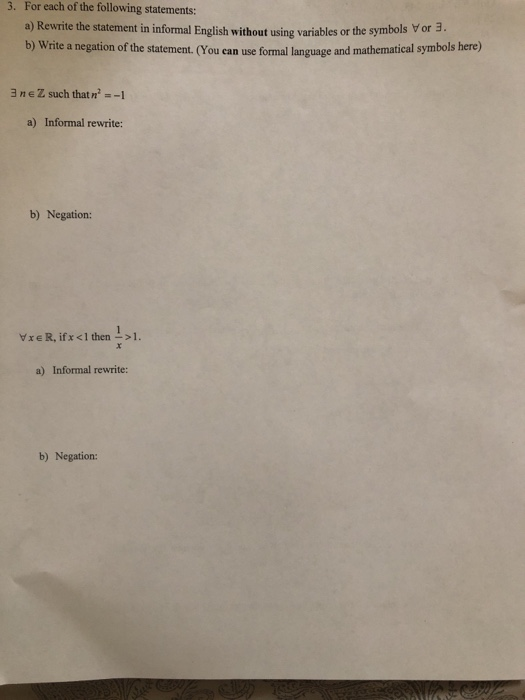 Solved 3. For each of the following statements a) Rewrite | Chegg.com