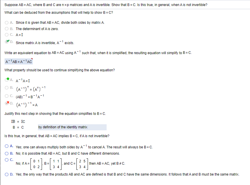 Solved Suppose AB = AC, where B and Care nxp matrices and A | Chegg.com