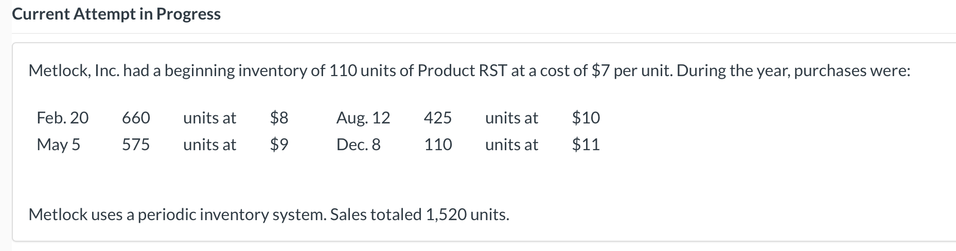Solved Current Attempt in Progress Metlock, Inc. had a | Chegg.com