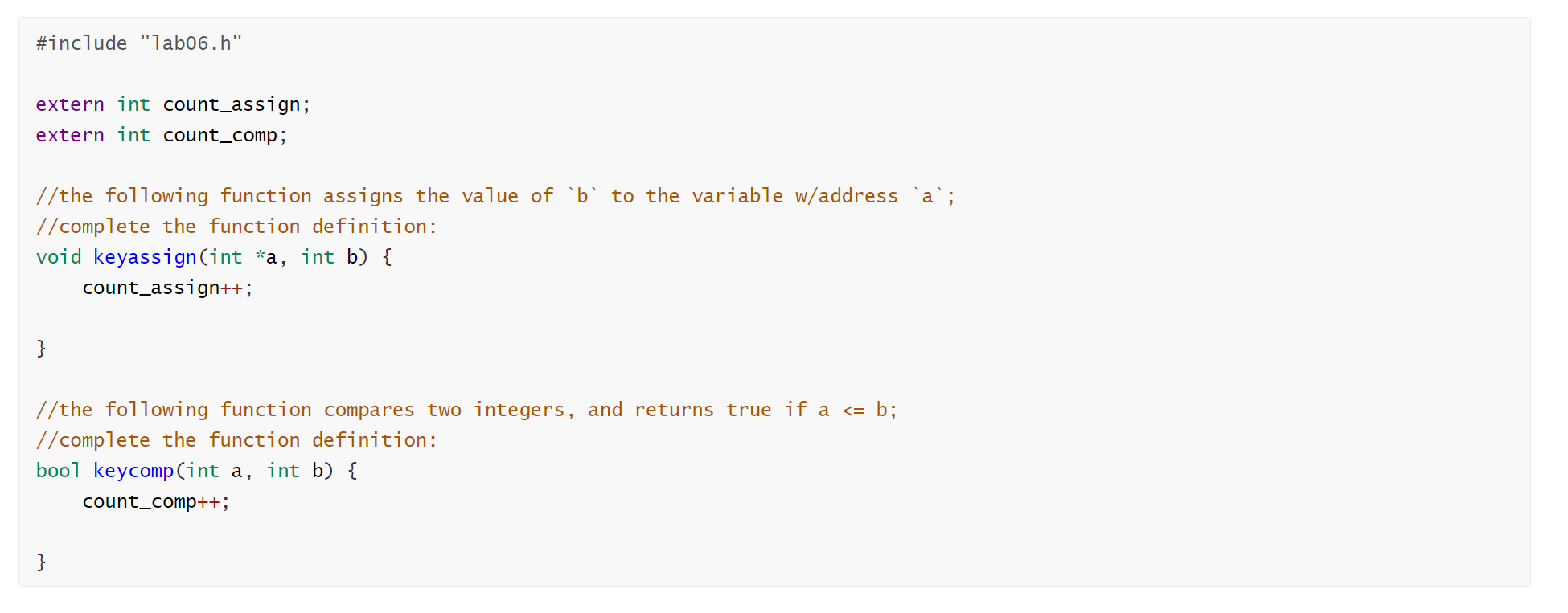Solved #include "lab06.h" extern int count_assign; extern | Chegg.com