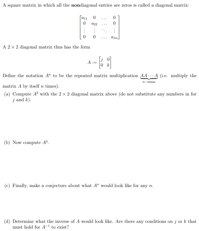 Solved A square matrix in which all the nondiagonal entries | Chegg.com