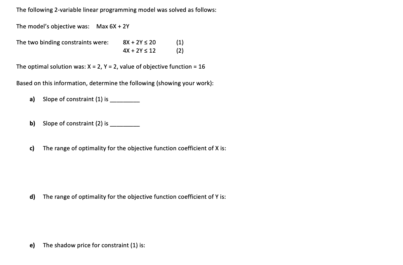 Solved The following 2-variable linear programming model was | Chegg.com