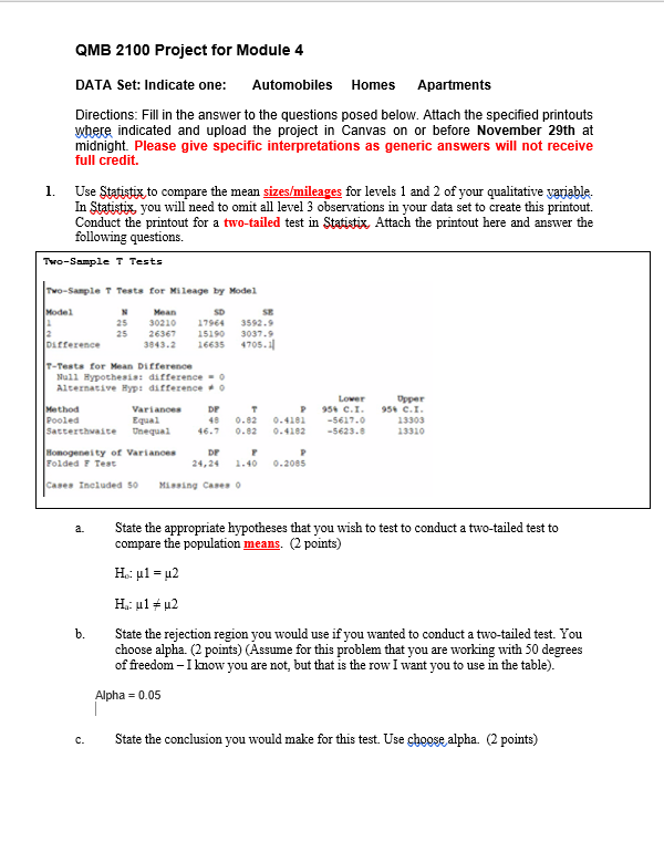 Solved QMB 2100 Project for Module 4 DATA Set: Indicate one: | Chegg.com