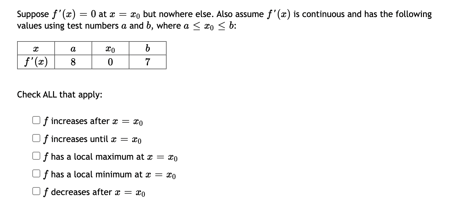 Solved Suppose f′(x)=0 at x=x0 but nowhere else. Also assume | Chegg.com