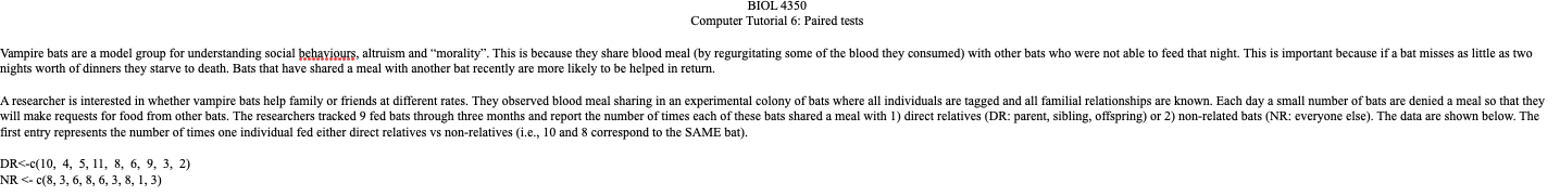 Solved BIOL 4350 Computer Tutorial 6: Paired tests Vampire | Chegg.com
