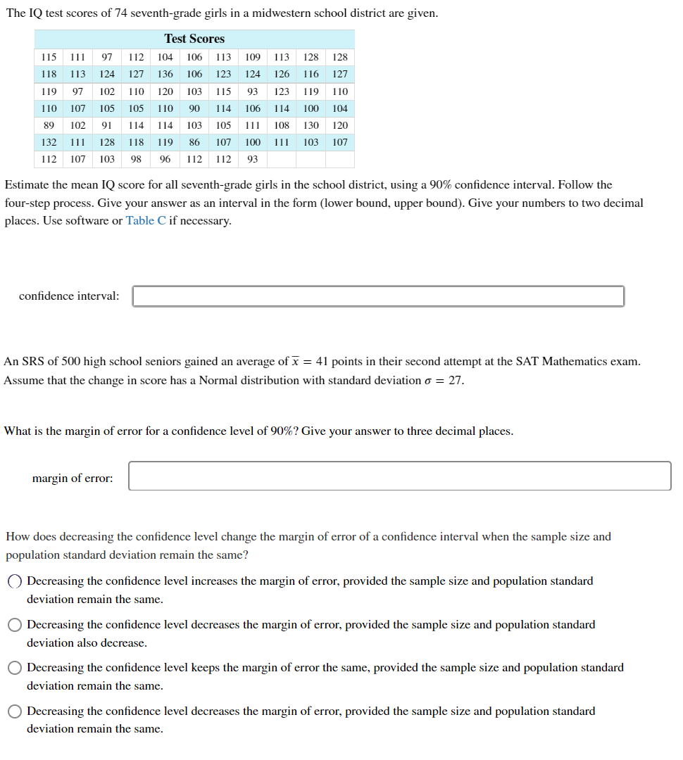 Solved The IQ test scores of 74 seventh-grade girls in a | Chegg.com