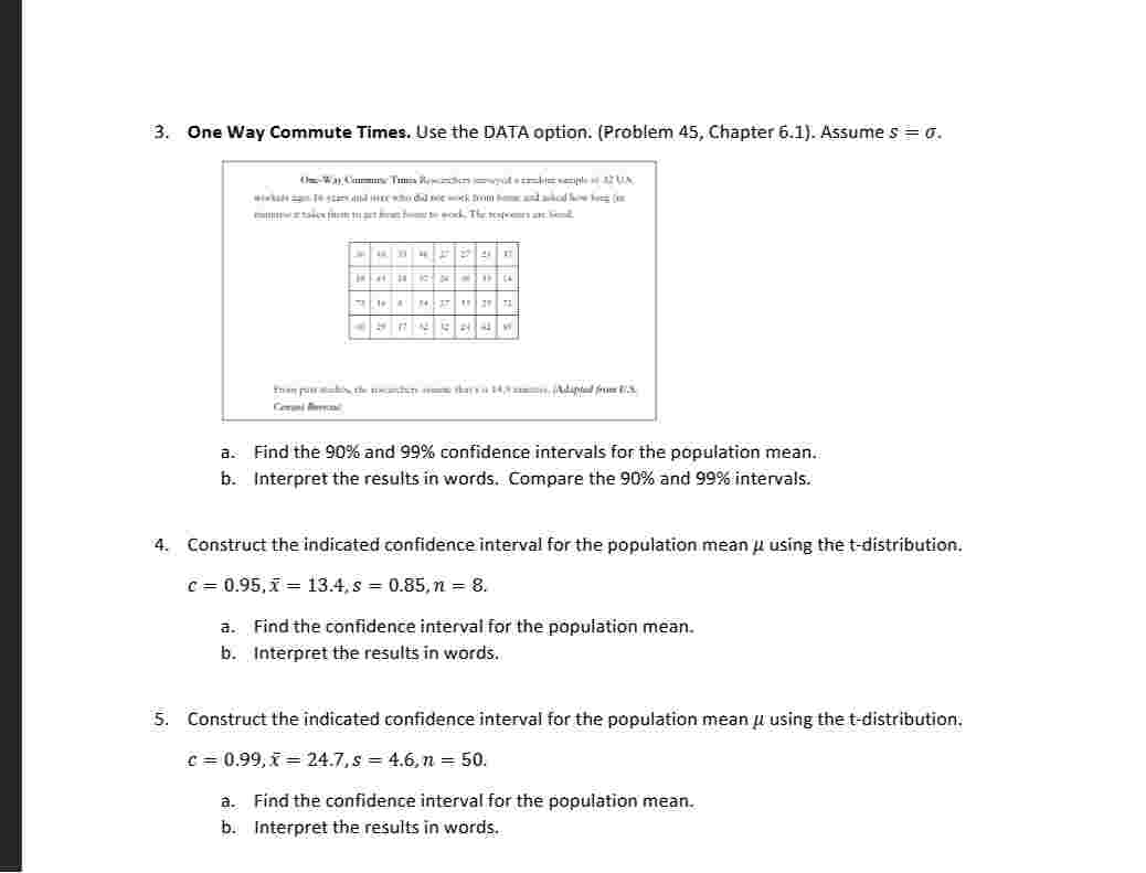 Solved One Way Commute Times. Use the DATA option. | Chegg.com