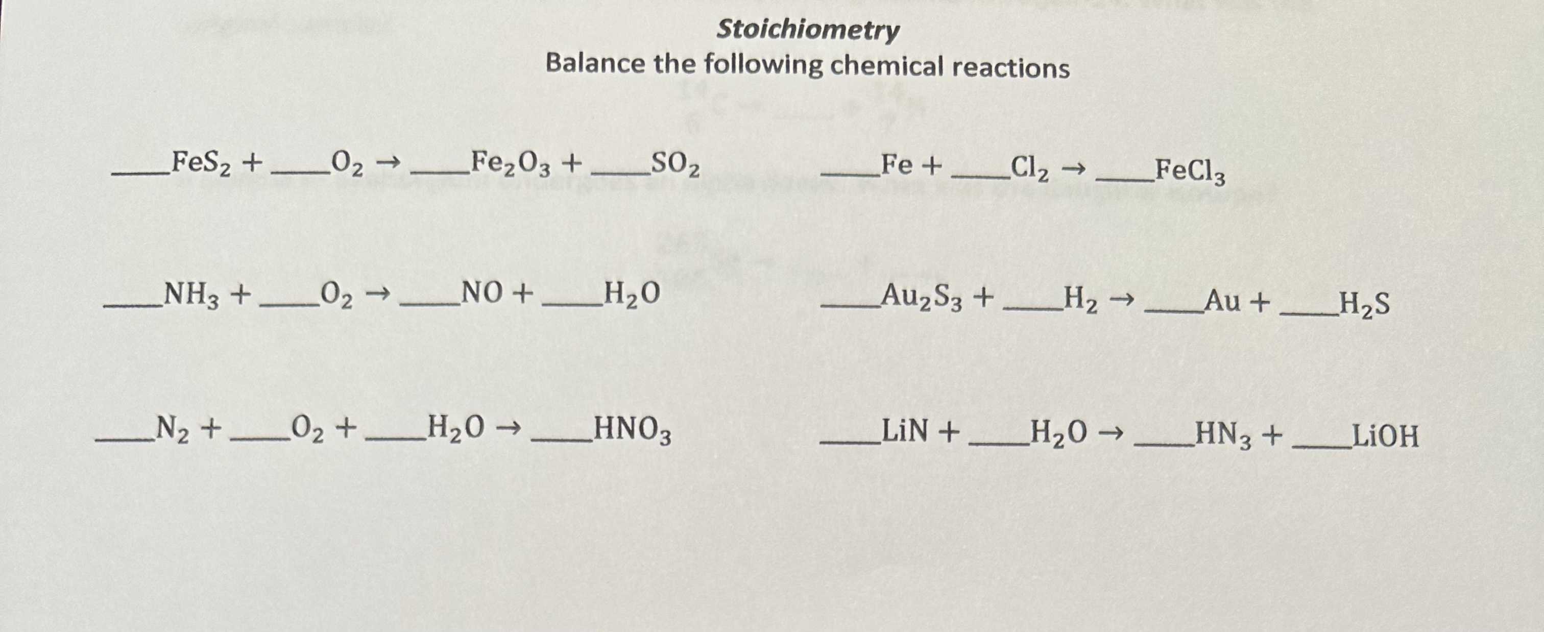 Solved Stoichiometry Balance the following chemical | Chegg.com