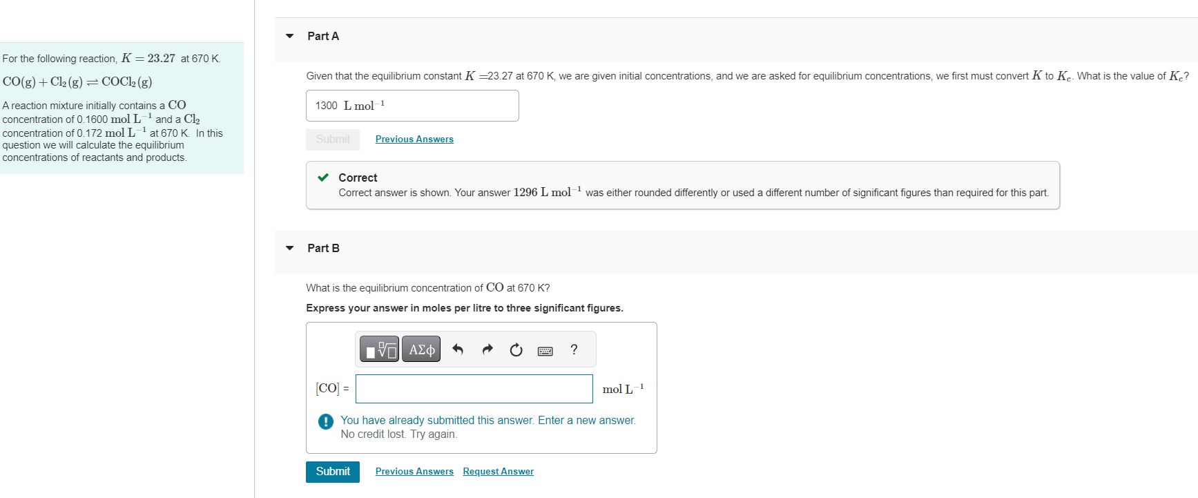 Solved Part AFor the following reaction, K=23.27 ﻿at | Chegg.com