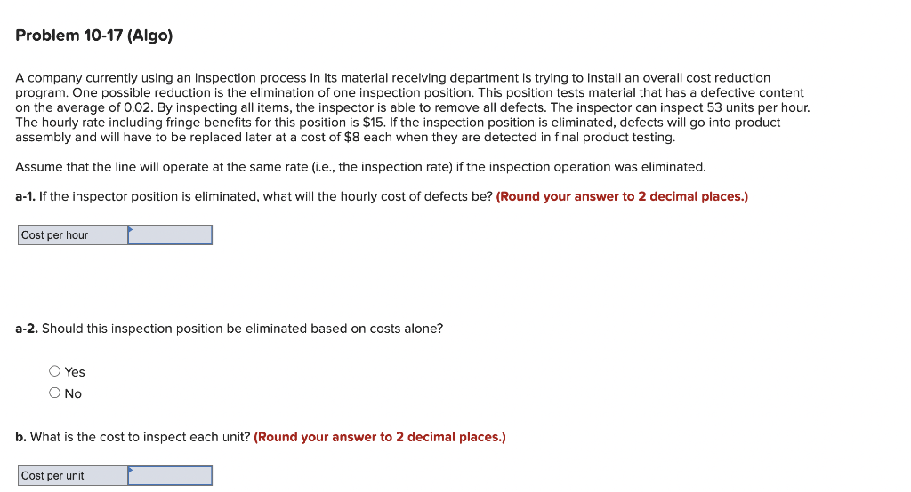 Solved A company currently using an inspection process in | Chegg.com