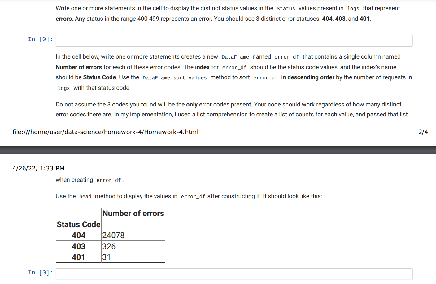 Part 2 - Working with the status code column Execute | Chegg.com