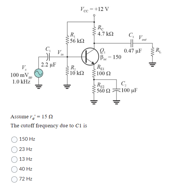 Solved Assume re' = 15 ΩThe cutoff frequency due to C1 | Chegg.com