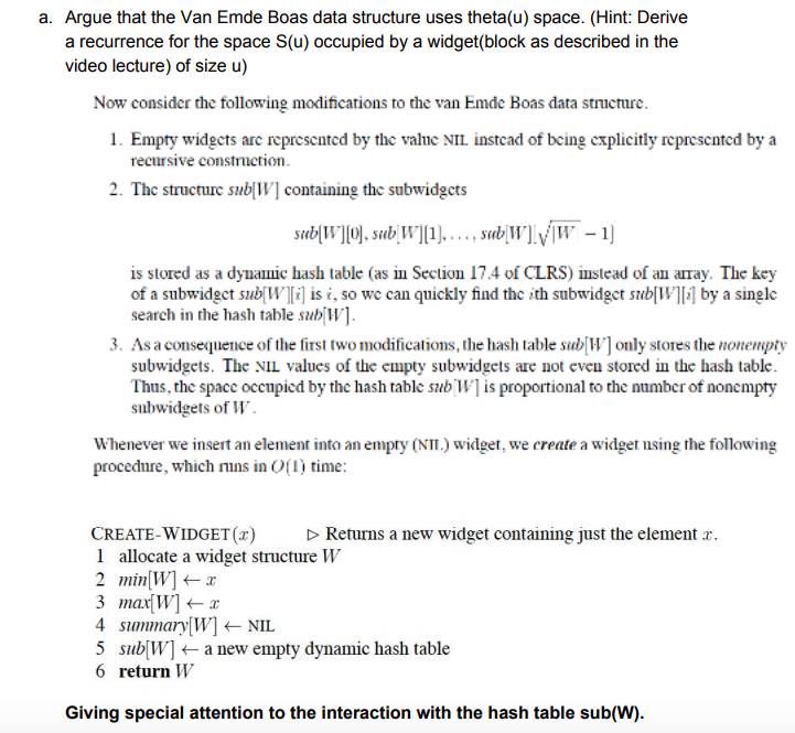 (a) Argue that the van Emde Boas data structure uses | Chegg.com