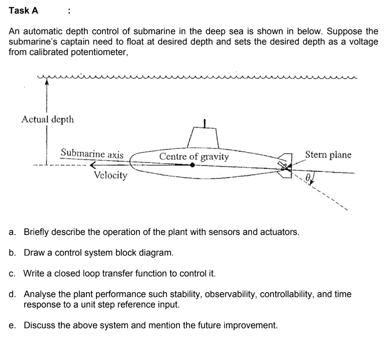 Solved An automatic depth control of submarine in the deep | Chegg.com