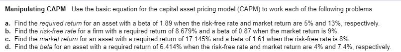 Solved Manipulating CAPM Use the basic equation for the | Chegg.com