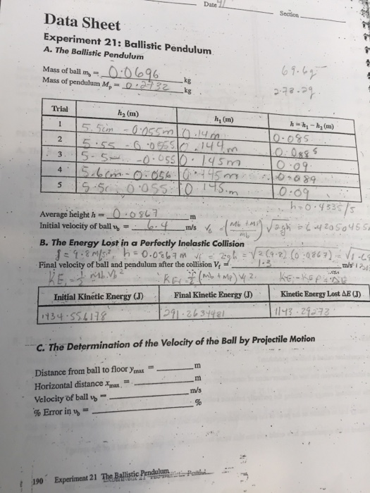 Solved Date 2 Data Sheet Experiment 21: Ballistic Pendulum | Chegg.com