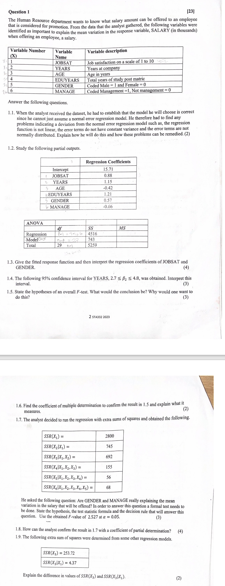 Solved 1.6. ﻿Find the coefficient of ﻿multiple determination | Chegg.com