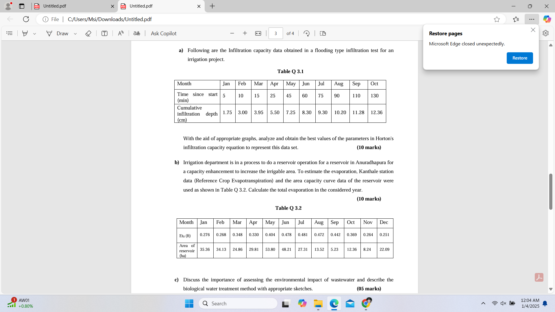 Solved a) ﻿Following are the Infiltration capacity data | Chegg.com