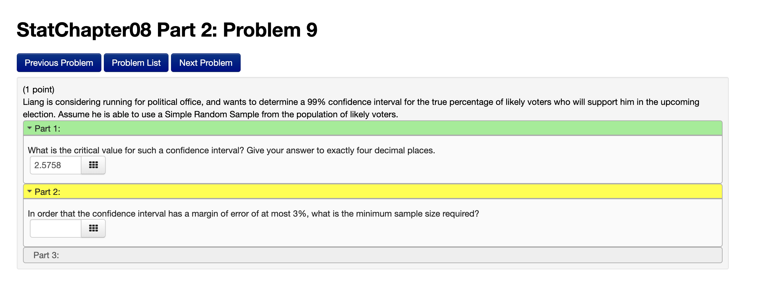 Solved StatChapter08 Part 2: Problem 9 Previous Problem | Chegg.com