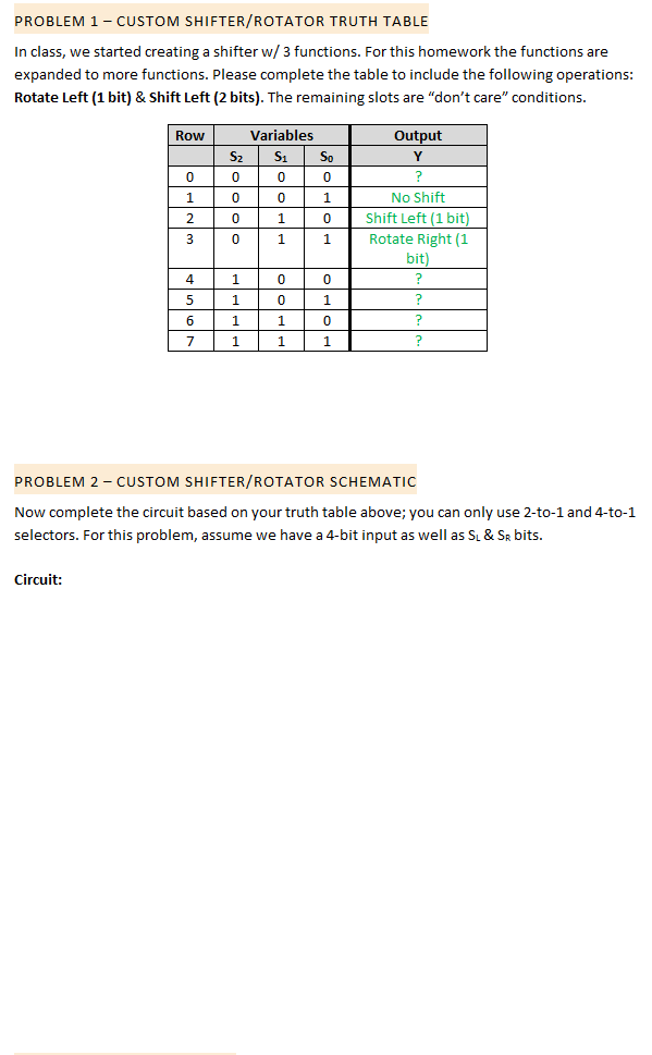 Solved PROBLEM 1 - CUSTOM SHIFTER/ROTATOR TRUTH TABLE In | Chegg.com