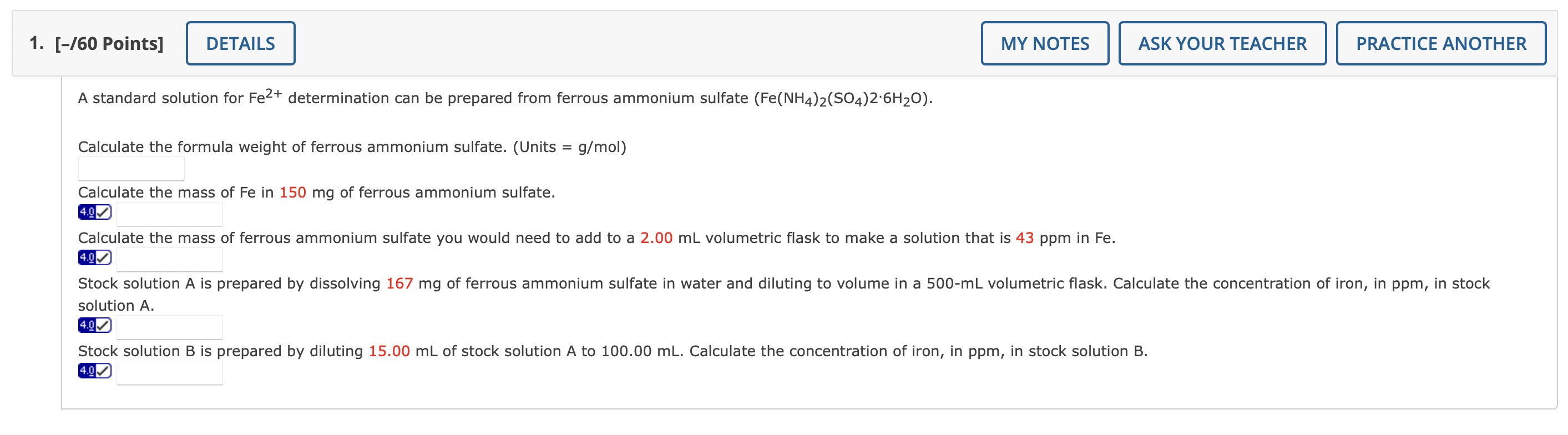 Solved A standard solution for Fe2+ determination can be | Chegg.com