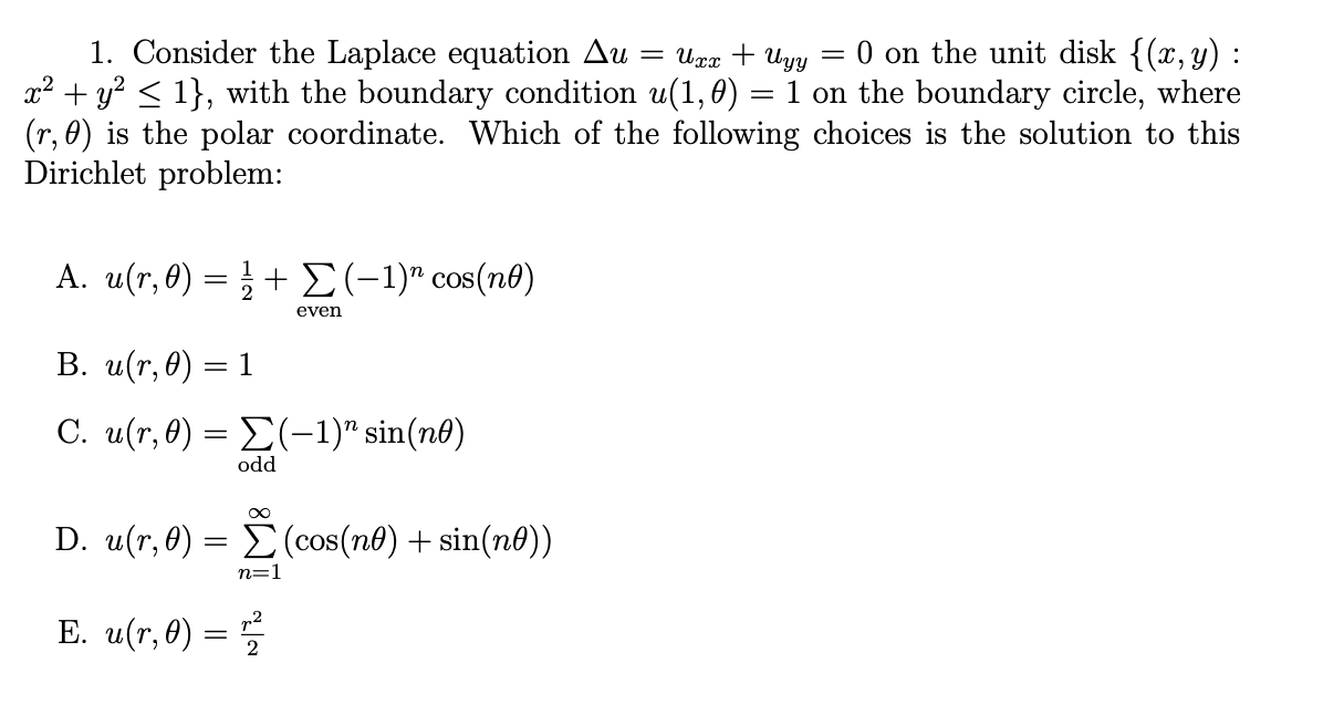 Solved 1. Consider the Laplace equation Au = Uzx + Uyy = 0 | Chegg.com