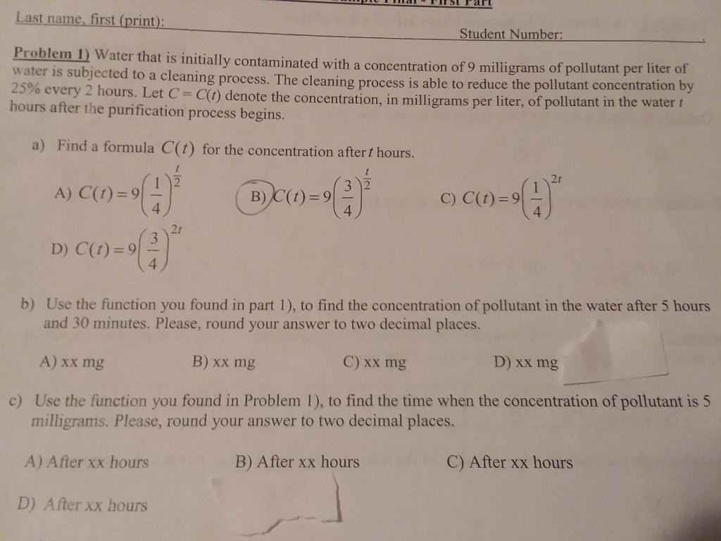 Solved Last name, first (print) Student Number: Problem ) | Chegg.com