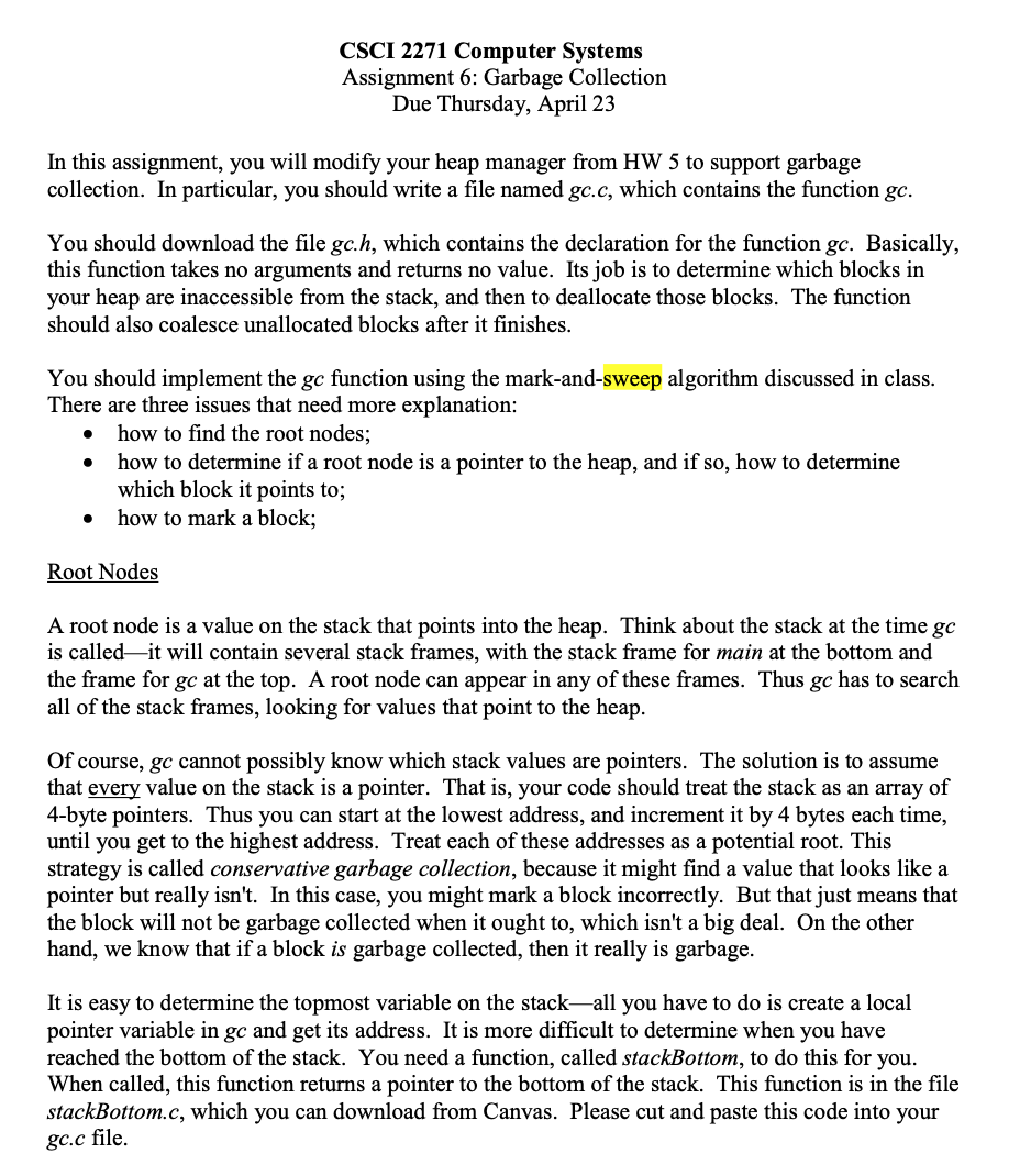 CSCI 2271 Computer Systems Assignment 6: Garbage | Chegg.com