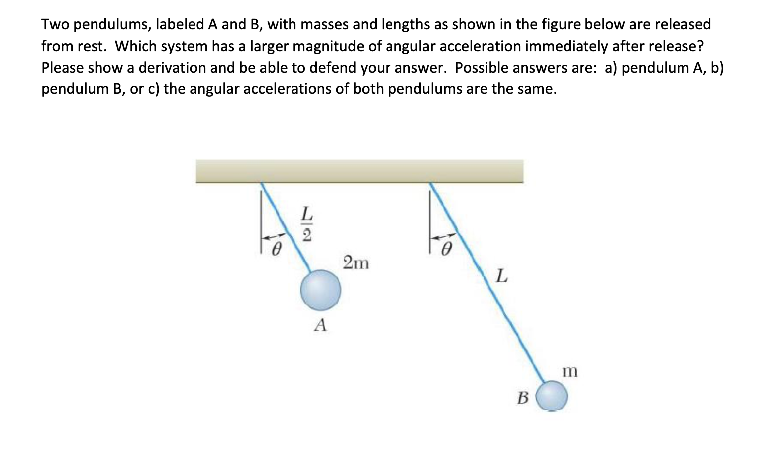Solved Two pendulums, labeled A and B, with masses and | Chegg.com