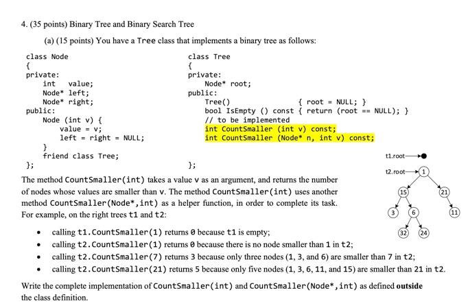 t1.root 4. (35 points) Binary Tree and Binary Search | Chegg.com