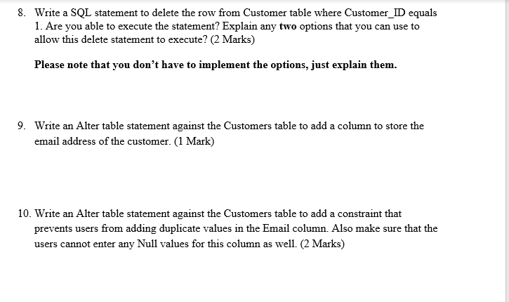 Solved 8. Write a SQL statement to delete the row from | Chegg.com