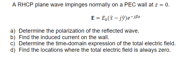 Solved A RHCP plane wave impinges normally on a PEC wall at | Chegg.com