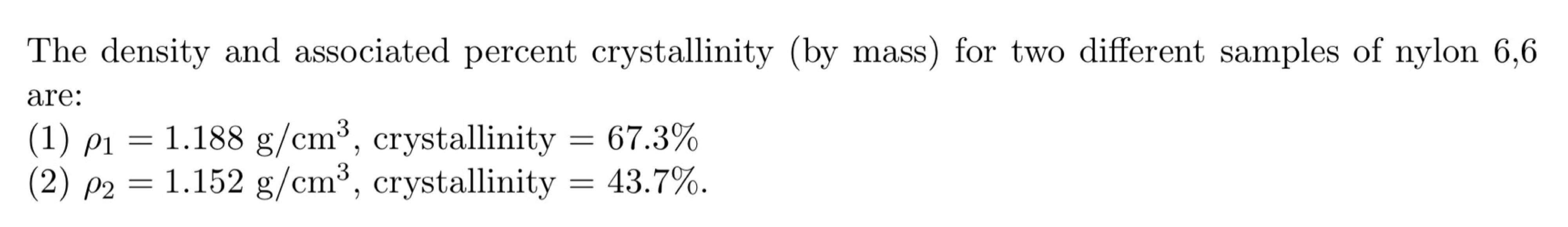 Solved The density and associated percent crystallinity (by | Chegg.com