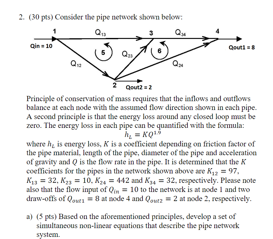 Solved 2. (30 pts) Consider the pipe network shown below: | Chegg.com