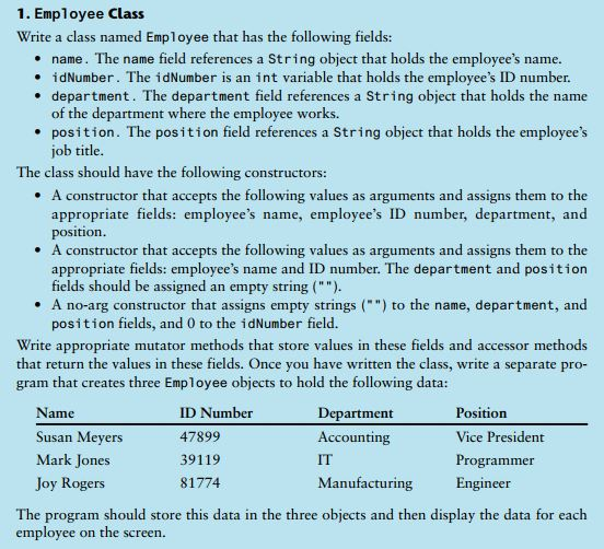 1. Employee Class Write a class named Employee that | Chegg.com